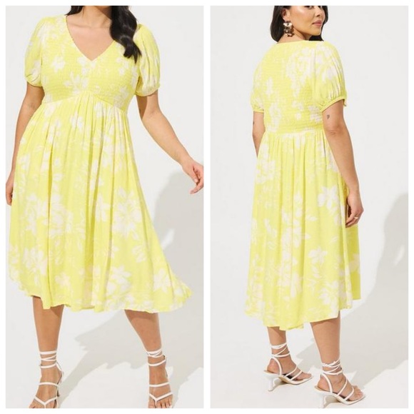 torrid | Dresses | Nwt Torrid Yellow Emma Floral Midi Swiss Dot Shirred ...